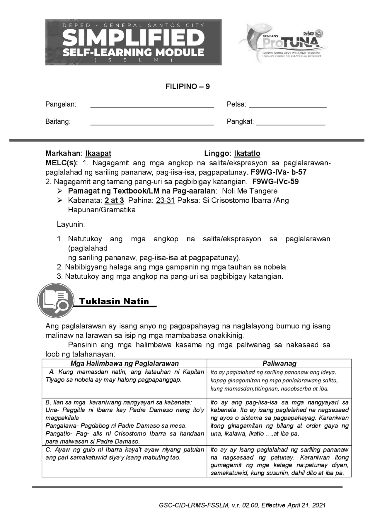 Module sa Filipino 9 - Ikaapat na Markahan taong 2021-2022 ...