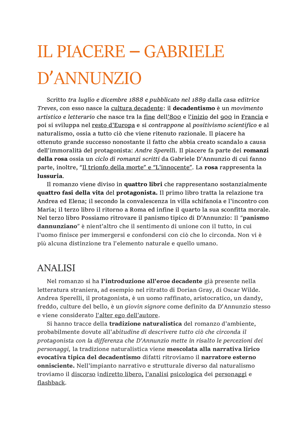 Il Piacere Gabriele Dannunzio Docsity