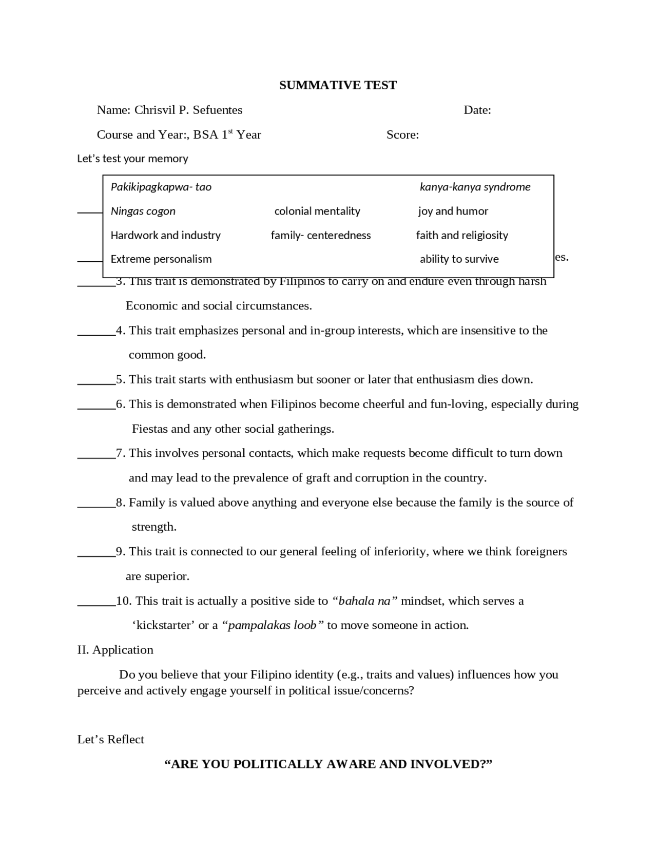 SUMMATIVE TEST ABOUT UNDERSTANDING THE SELF | Lecture notes Reasoning ...