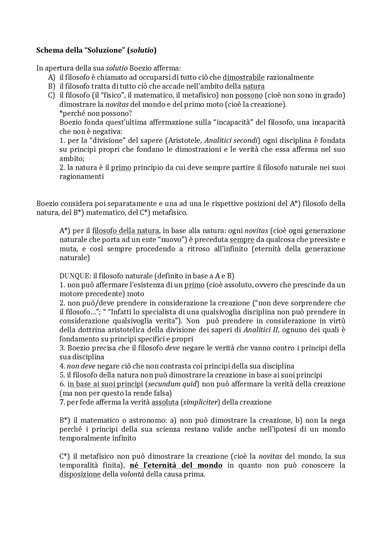 Schema della solutio sull'eternità del mondo di Boezio di Dacia - Docsity