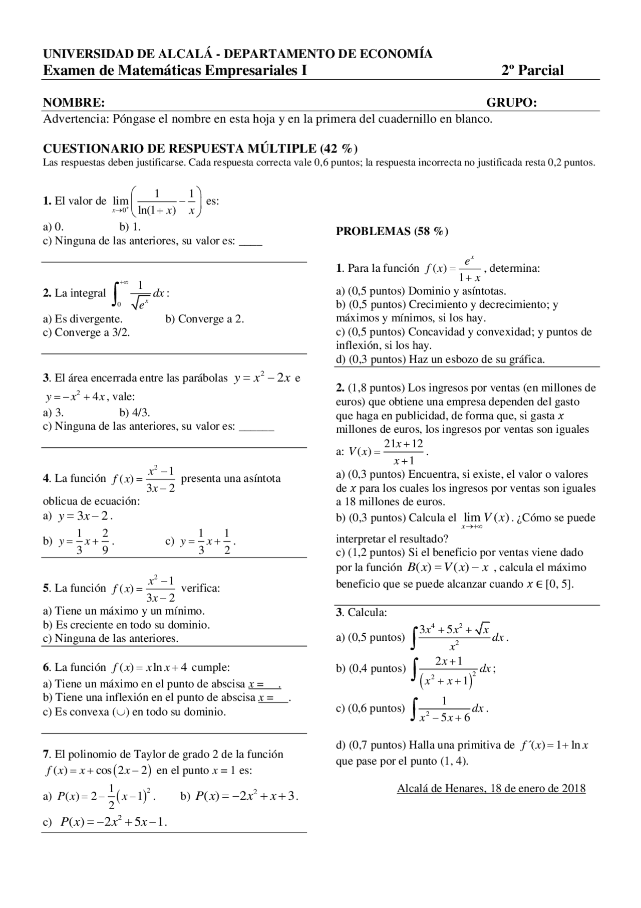 EXAMEN DE MATEMÁTICAS - Docsity