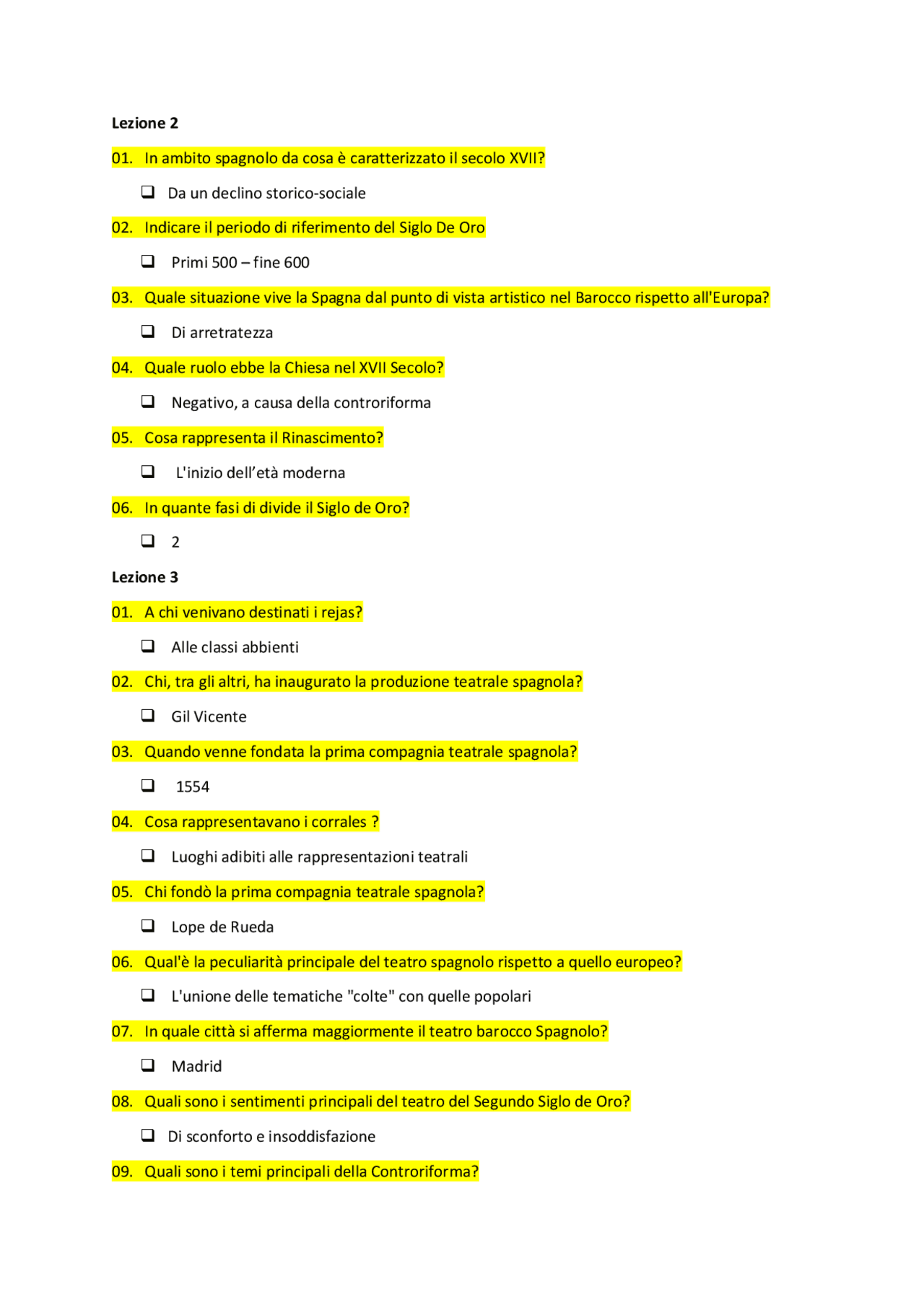 Risposte Chiuse Letteratura Spagnola 3 Docsity