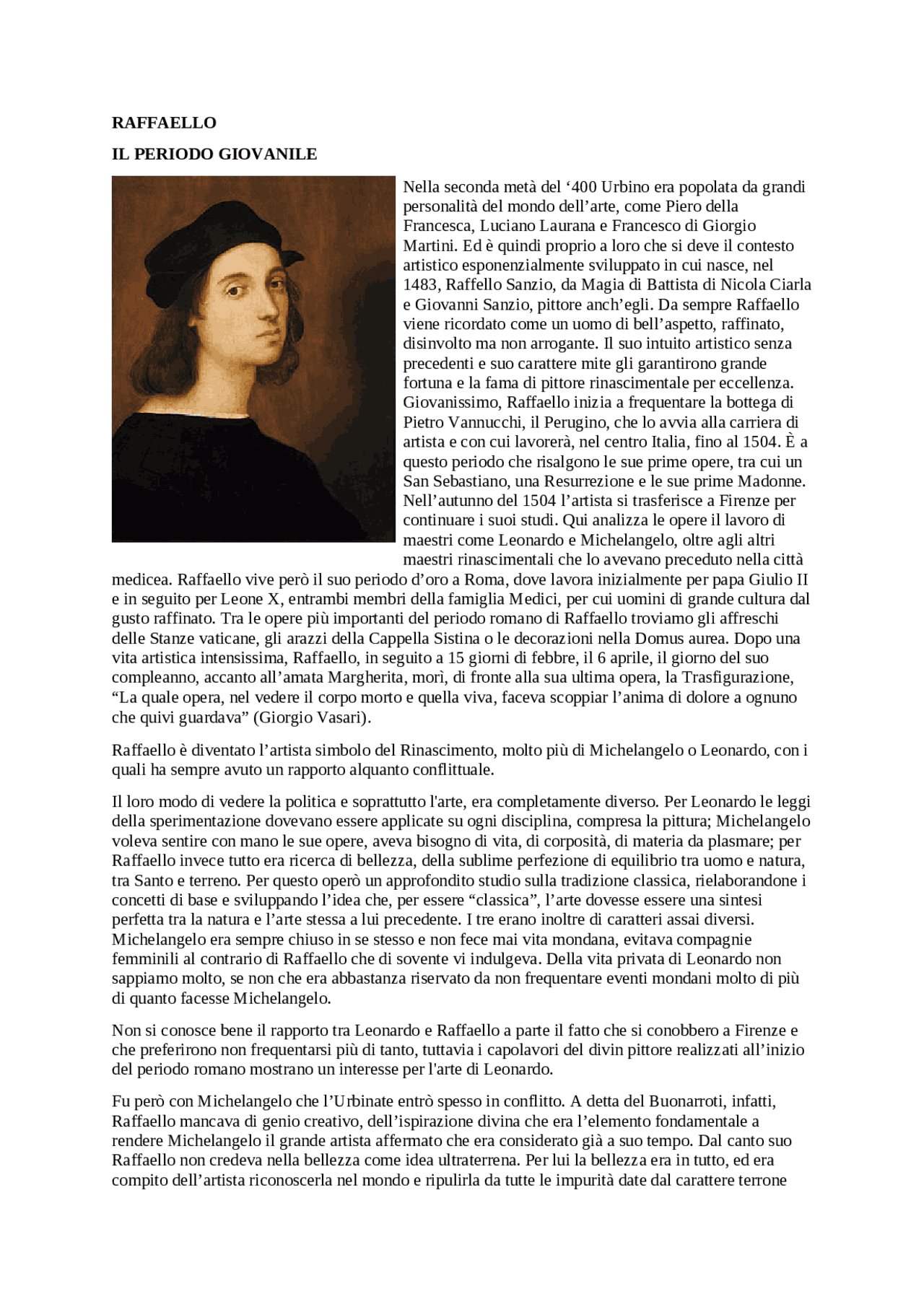 Vita E Opere Di Raffaello Docsity