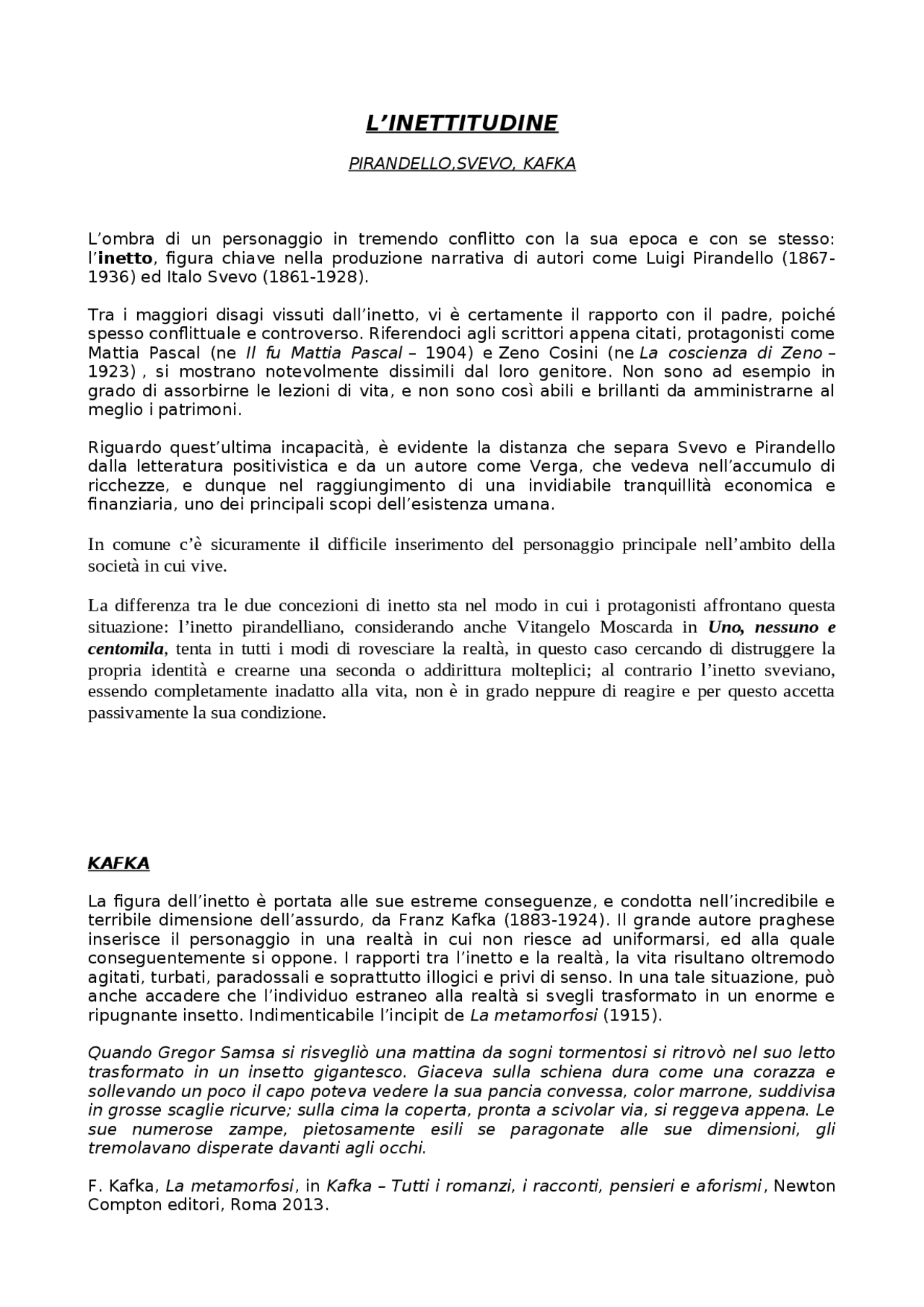 Pirandello Svevo Kafka Docsity