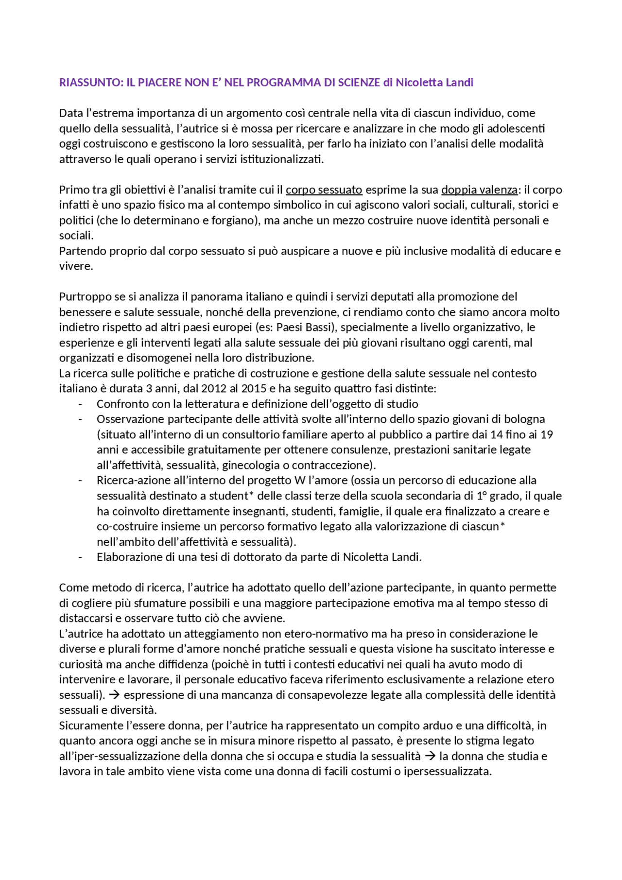 Riassunto completo manuale "il piacere non è nel programma di scienze ...