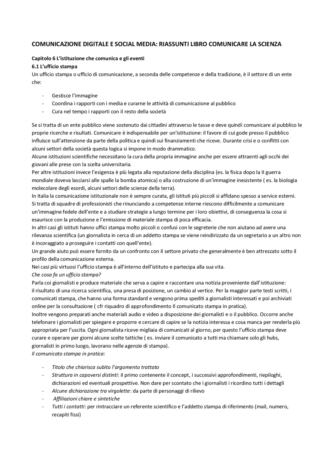 "Comunicare la scienza" Silvia Bencivelli e Francesco Paolo de Ceglia cap. 6, 8 - Docsity