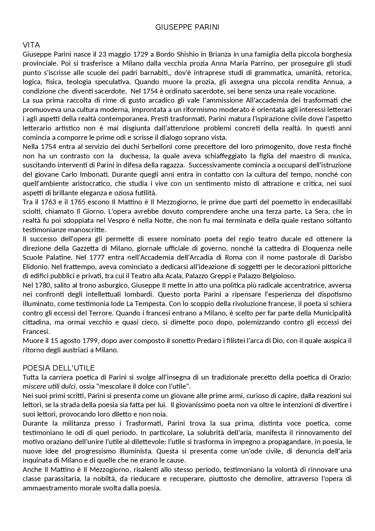 Giuseppe Parini Vita E Opere Docsity