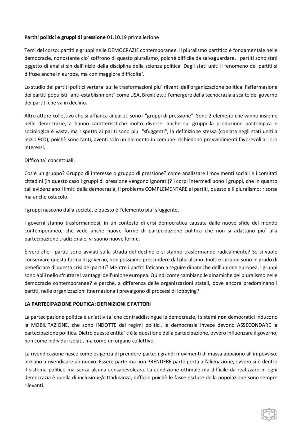 Partiti politici e gruppi di pressione - Docsity