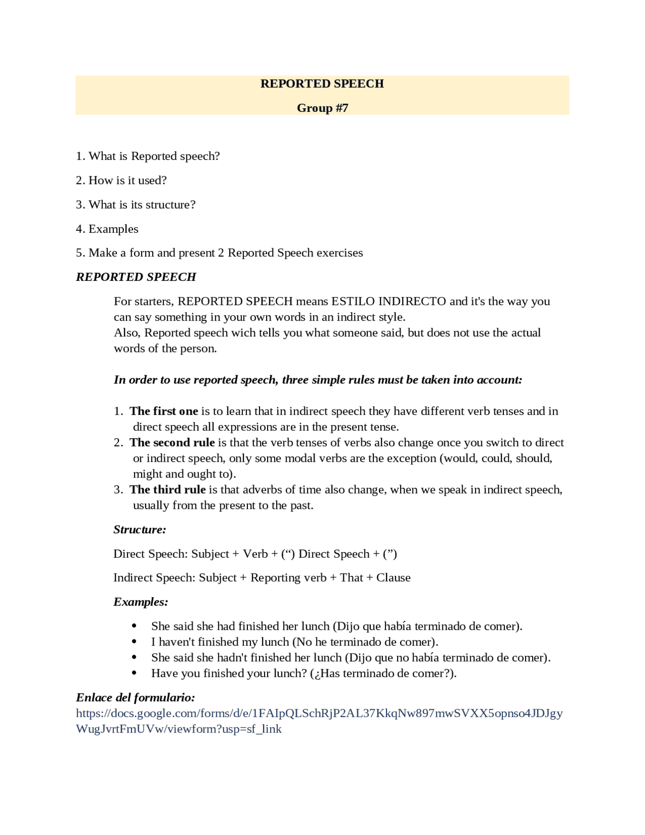 Reported Speech ingles - Docsity