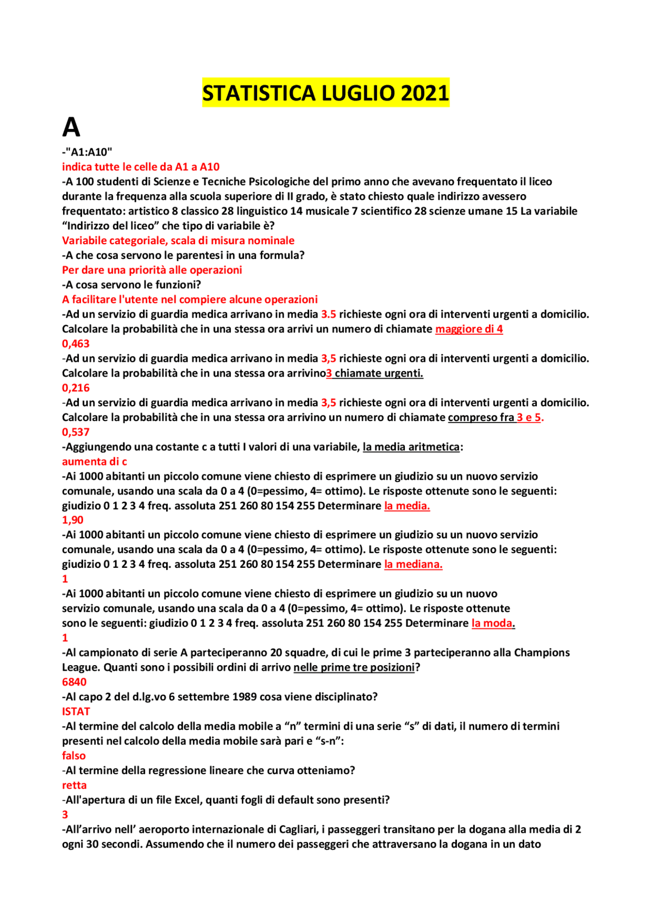 Test Esame Statistica Aggiornato Luglio 2021 Docsity
