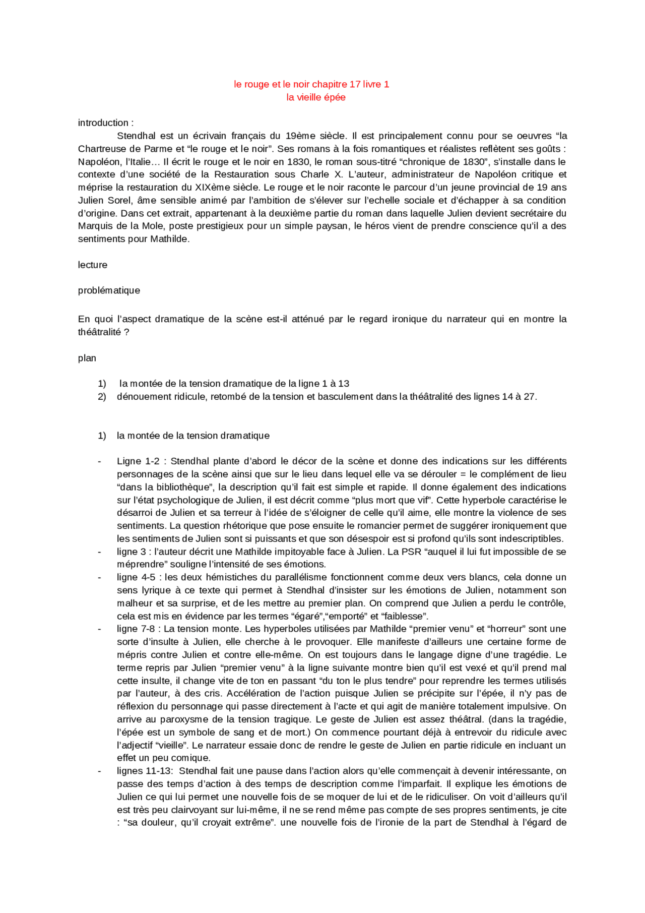 Lecture Linéaire Le Rouge Et Le Noir Chp 17 Livre 1 Docsity