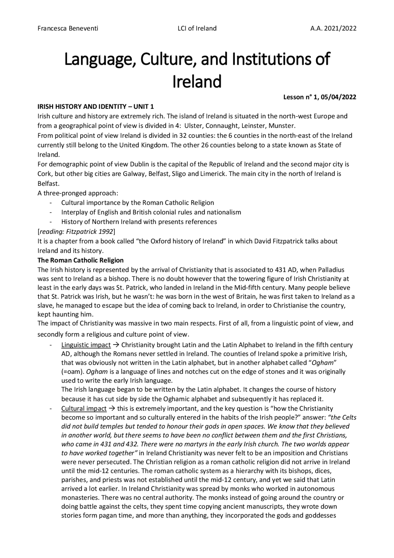 Language, Culture and Institutions of Ireland - Docsity