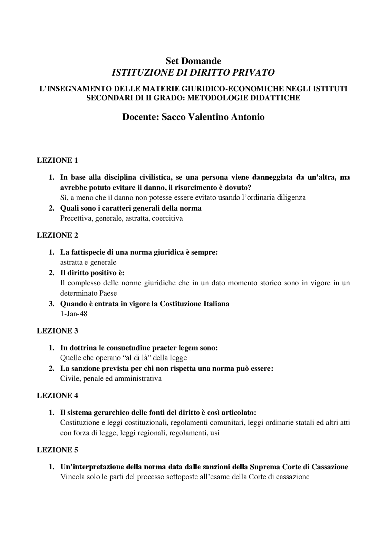 Paniere Diritto Privato 1 Master A46 Prof. Sacco | Panieri di Diritto Privato | Docsity