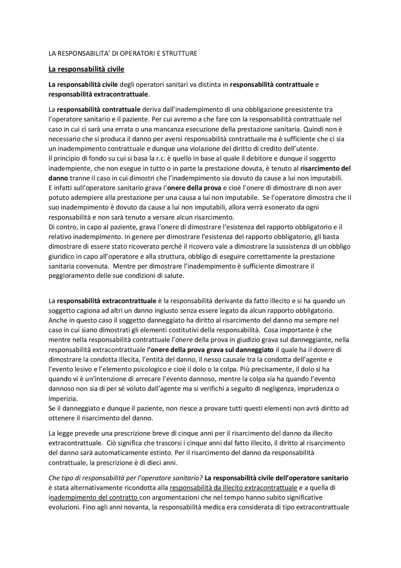 Responsabilità degli operatori sanitari - Docsity