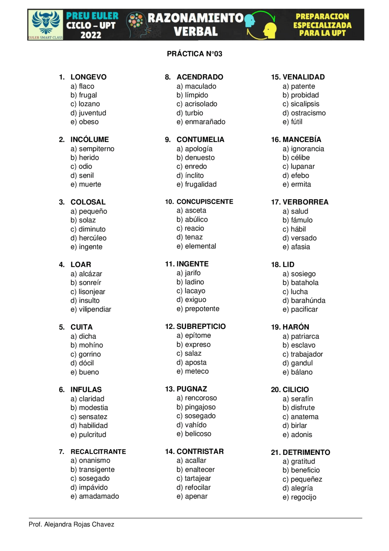 Práctica de vocabulario español | Resúmenes de Razonamiento | Docsity