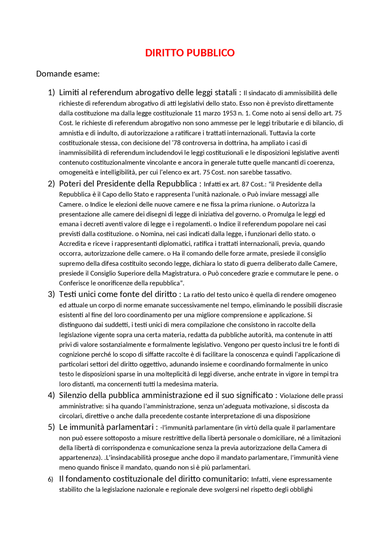 Domande e Risposte Esame Diritto Pubblico Miccù - Docsity