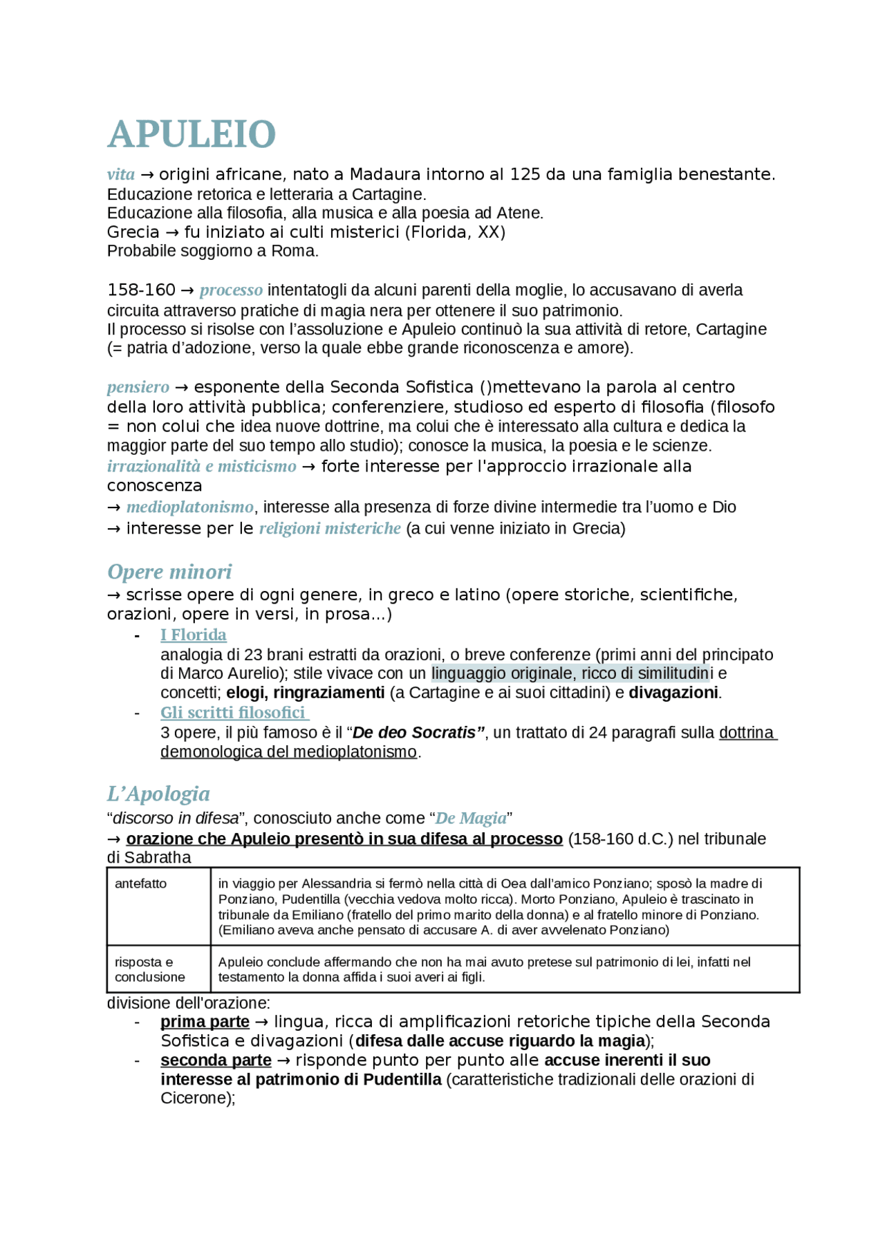 APULEIO - RIASSUNTO Letteratura latina - Docsity