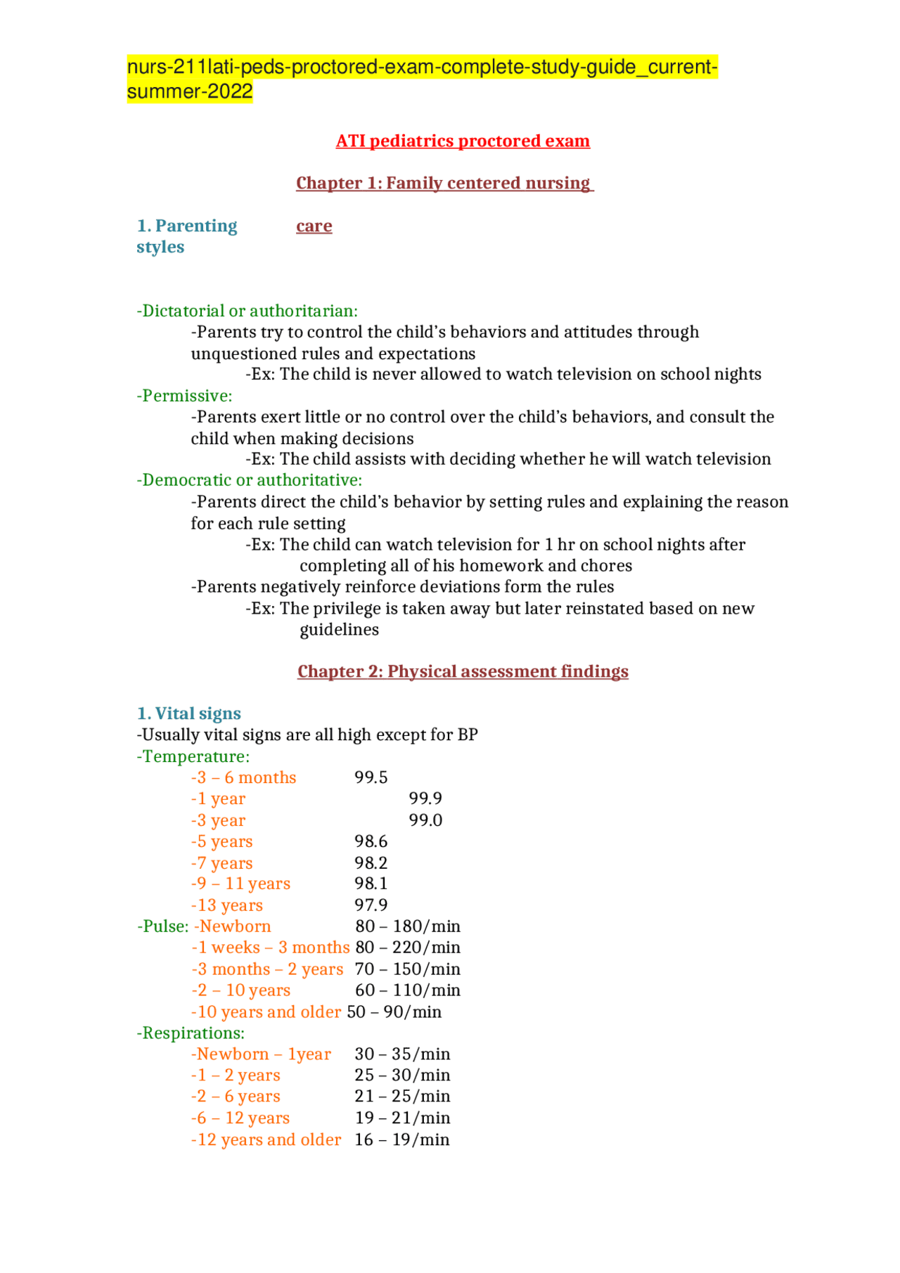 Pediatric Nursing Study Guide | Exams Nursing | Docsity