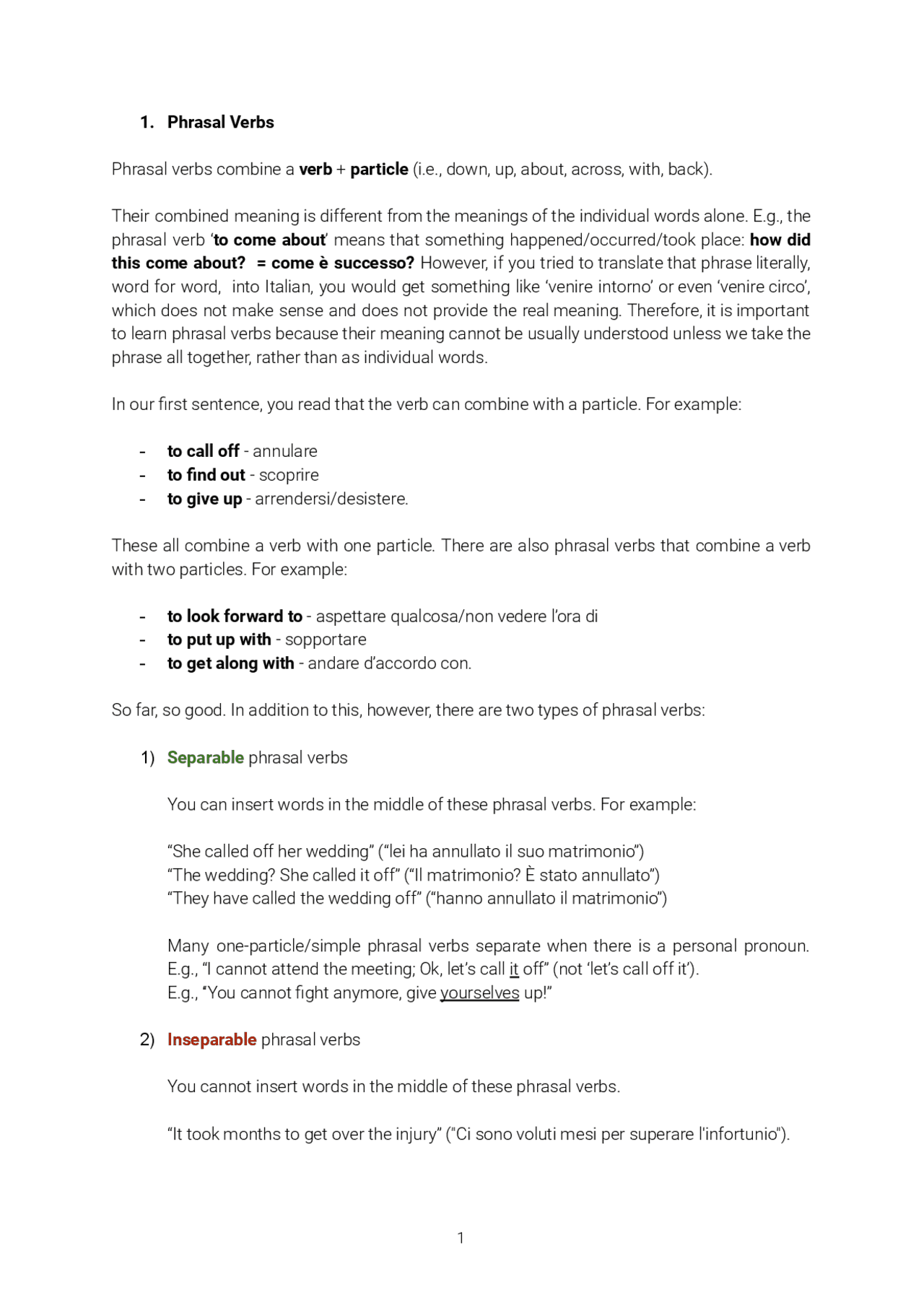 Lista di Phrasal verbs e collocations - Docsity