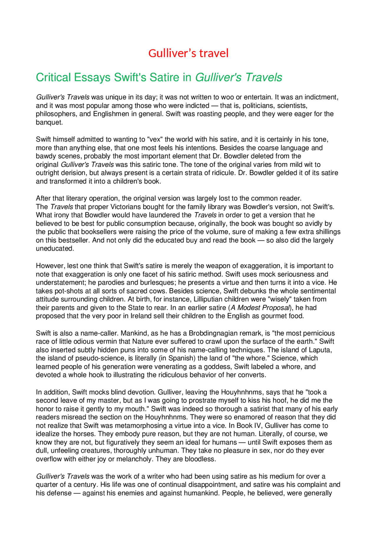 Gulliver's travels the book | Apuntes de Inglés | Docsity