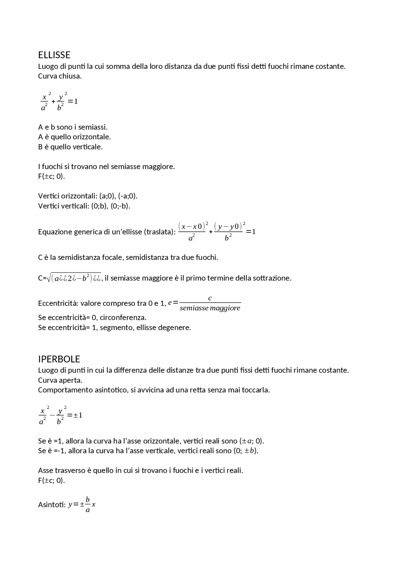 Definizioni, formule e spiegazioni di Ellisse, Iperbole e Parabola ...