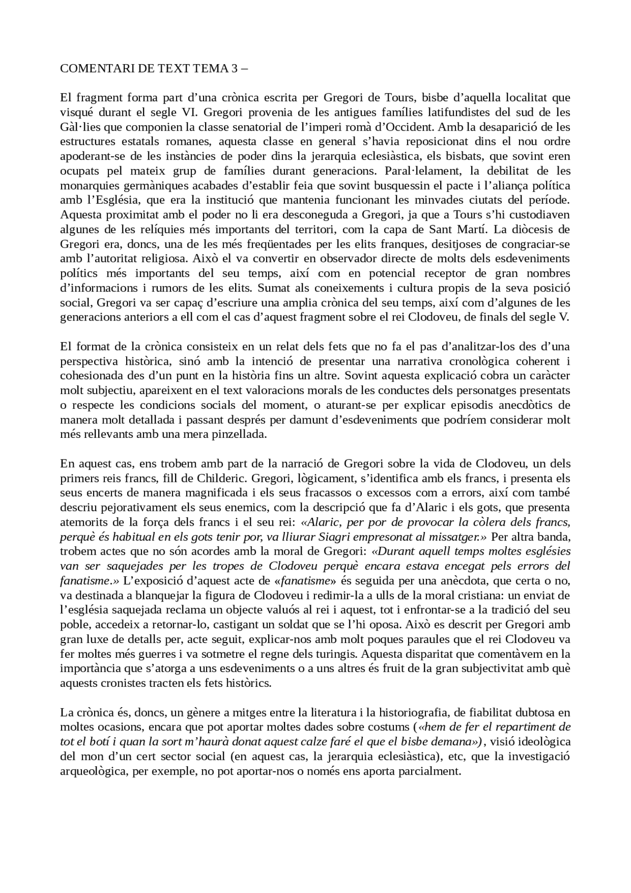 Comentari de text - Gregori de Tours - Docsity