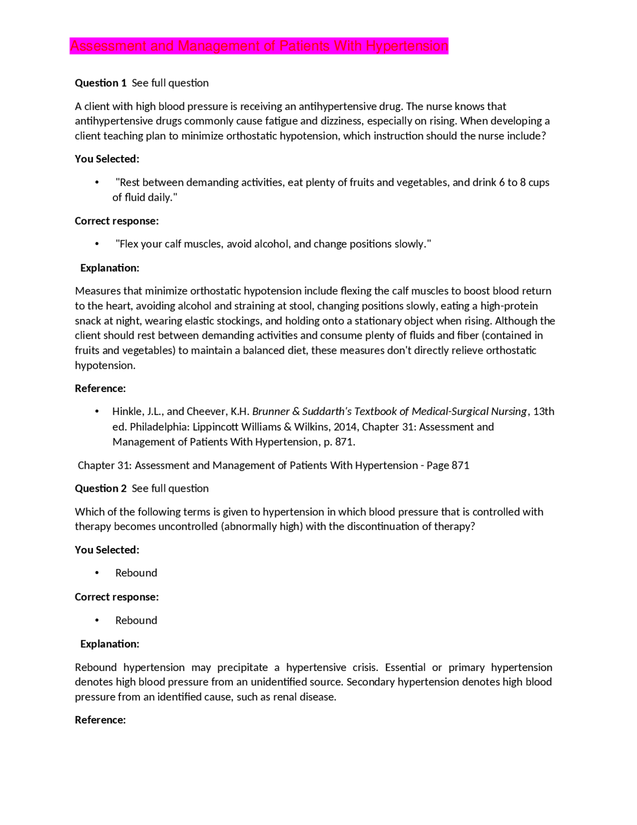 Assessment and Management of Patients With Hypertension - Docsity