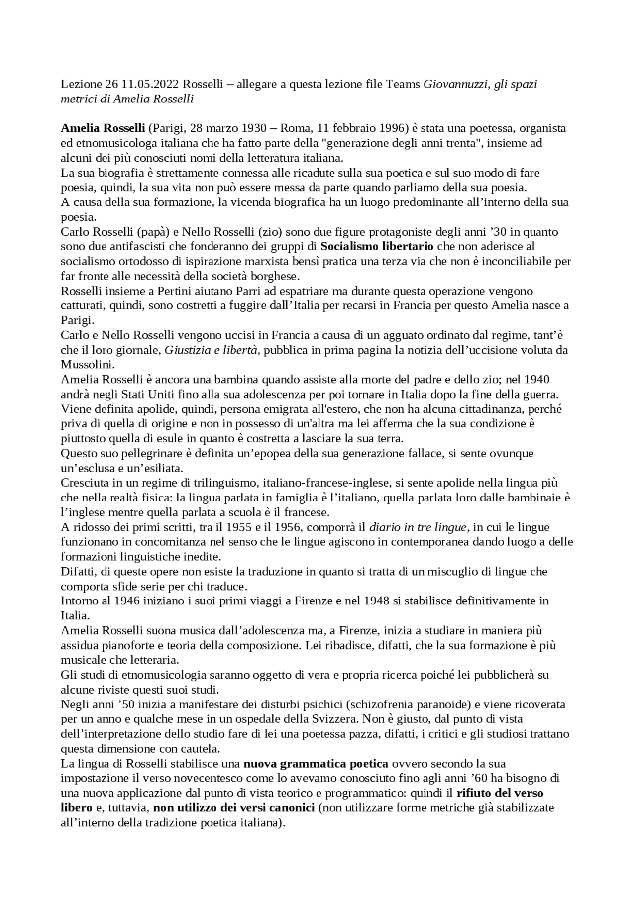 Amelia Rosselli Vita E Opere Docsity