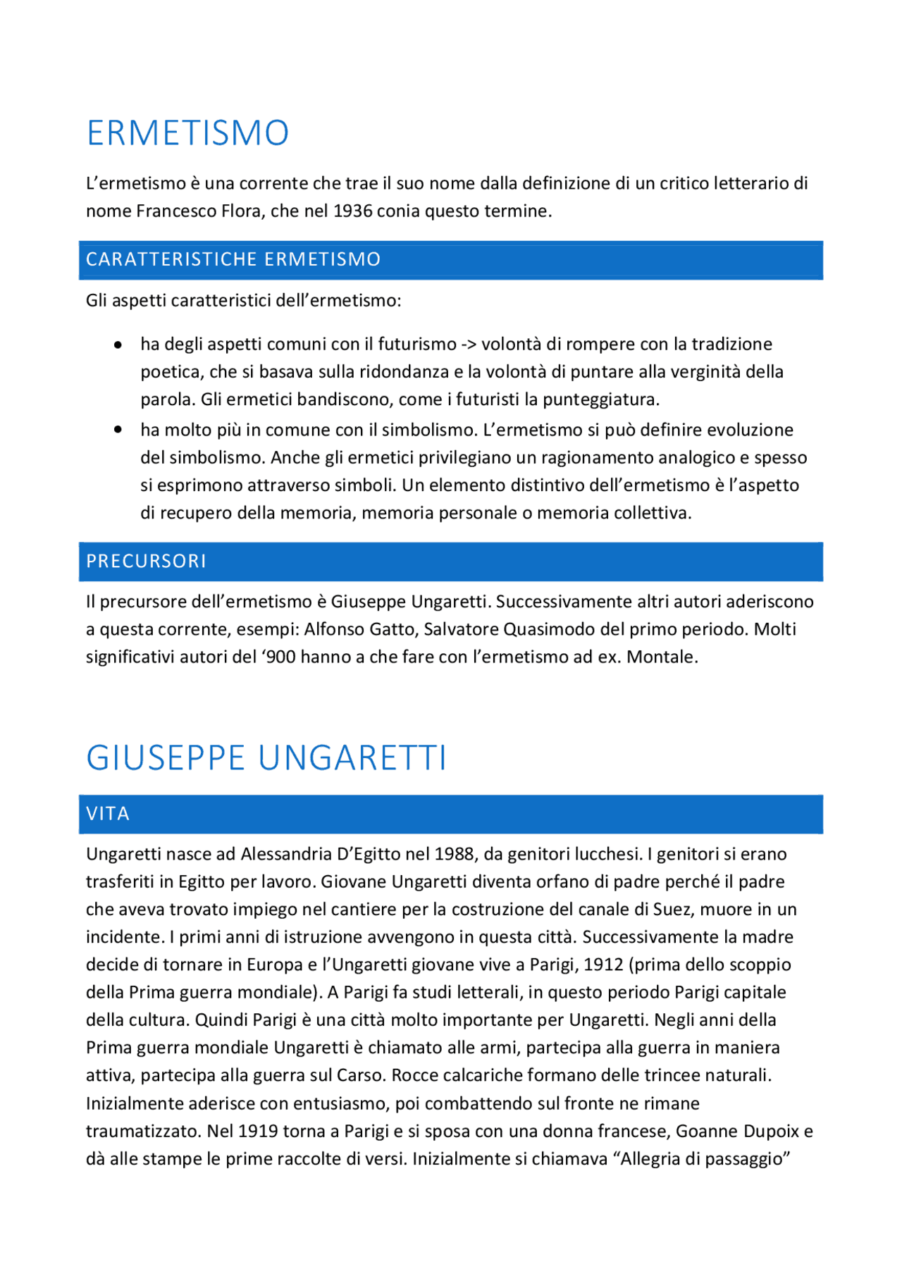 Ermetismo E Ungaretti Docsity