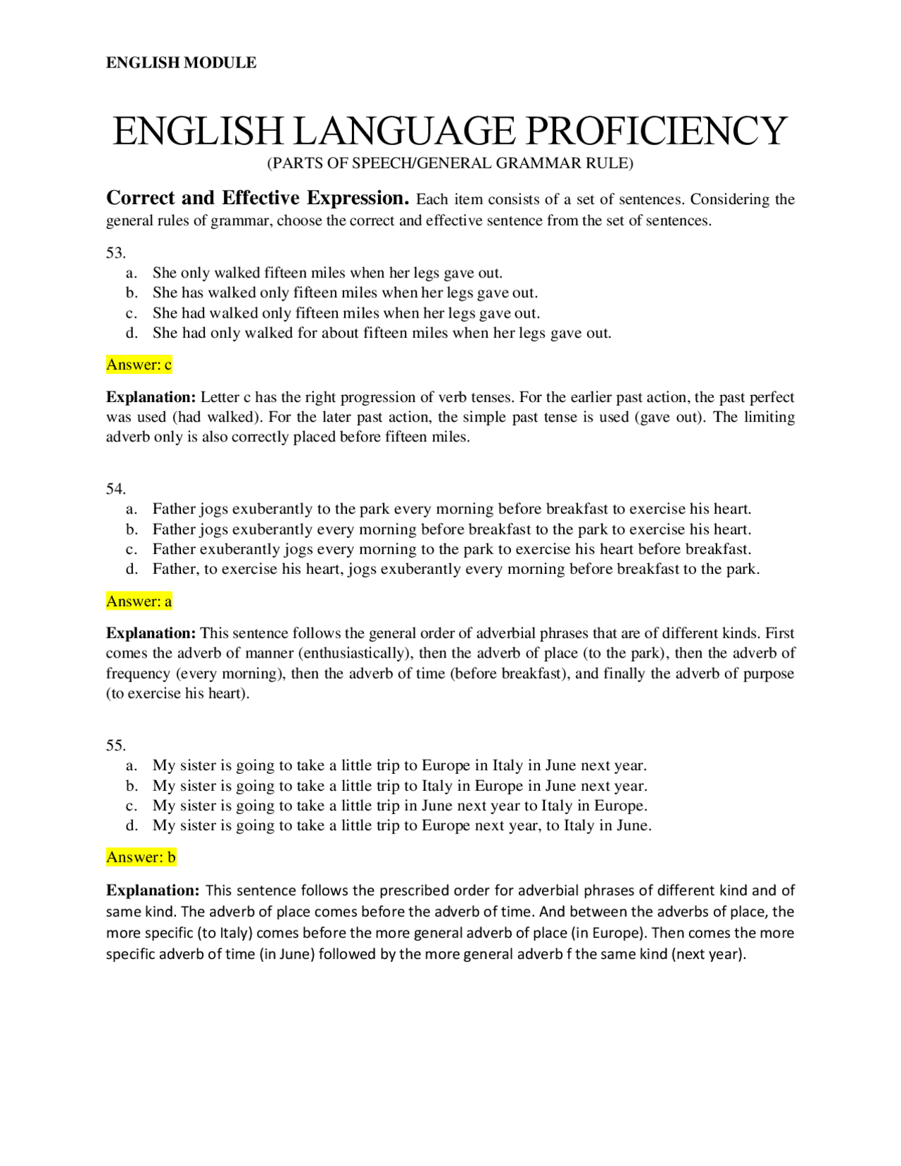 ENG - English Language Proficiency (Parts of Speech or General Grammar ...