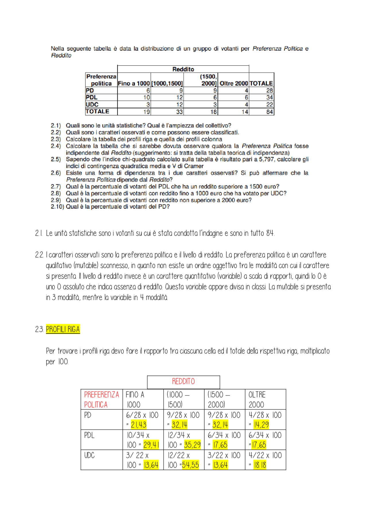 Esercitazioni esame analisi dei dati statistica (prova d'esame) - Docsity