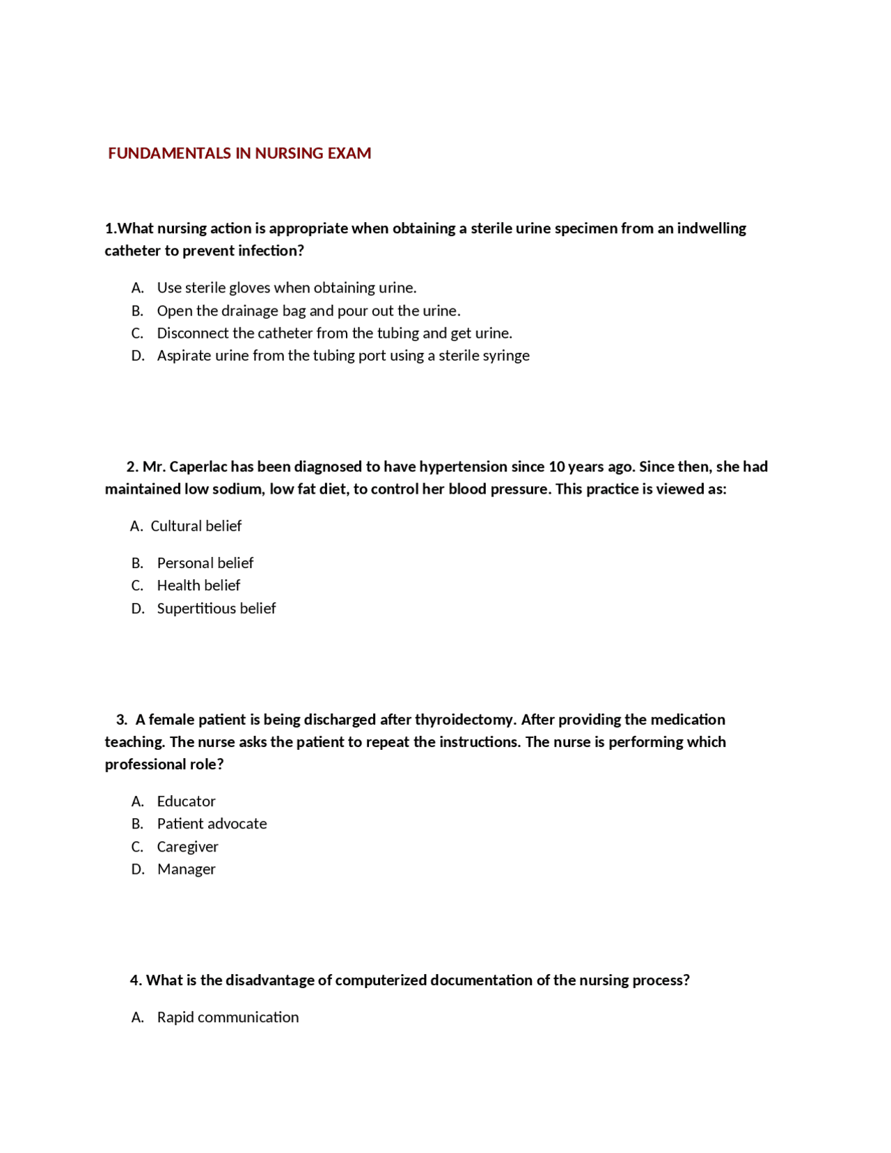 Nursing Practice Quiz Docsity