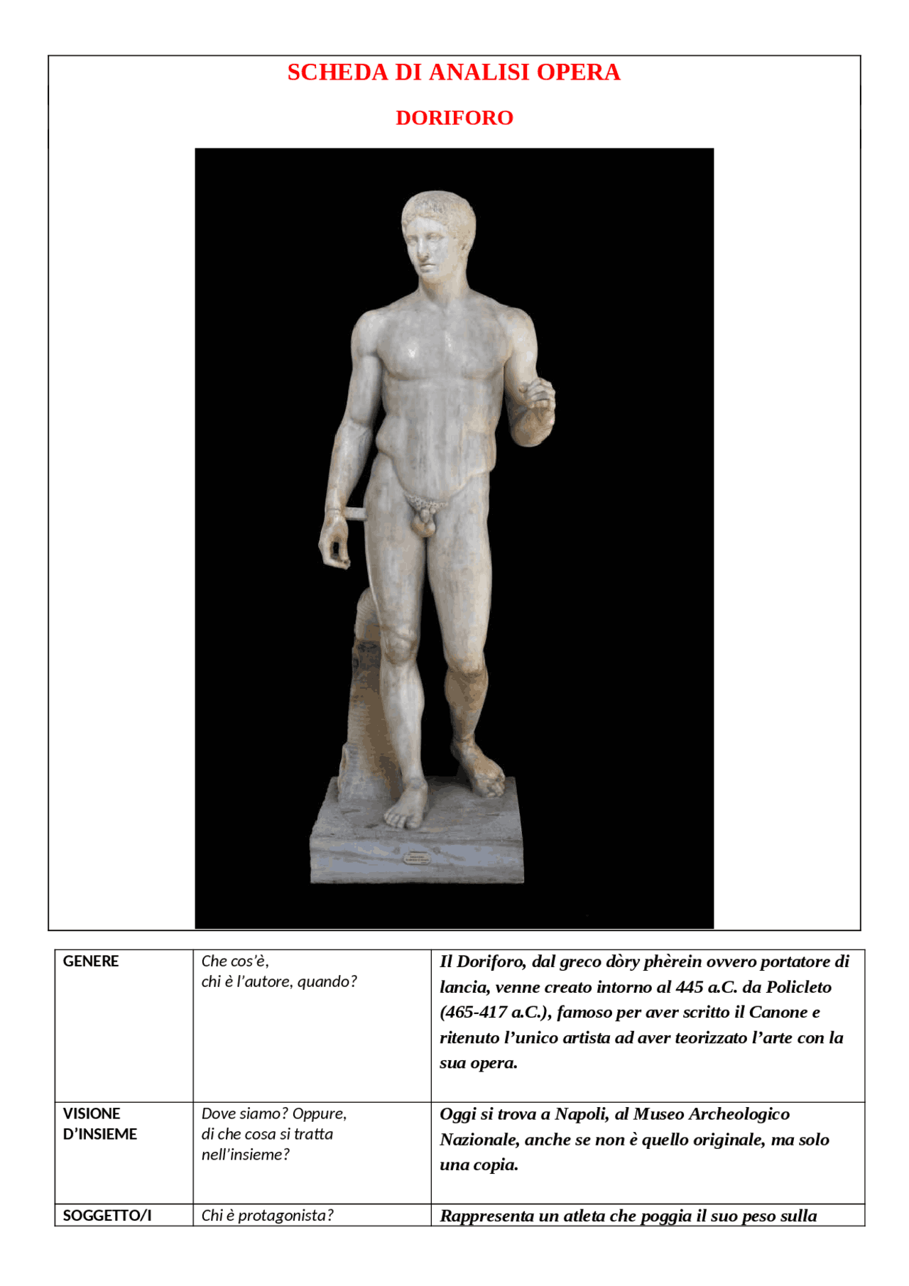 Appunti doriforo , scultura - Docsity