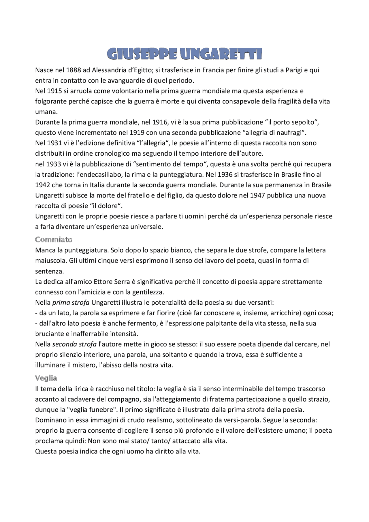 Giuseppe Ungaretti Vita E Opere Docsity
