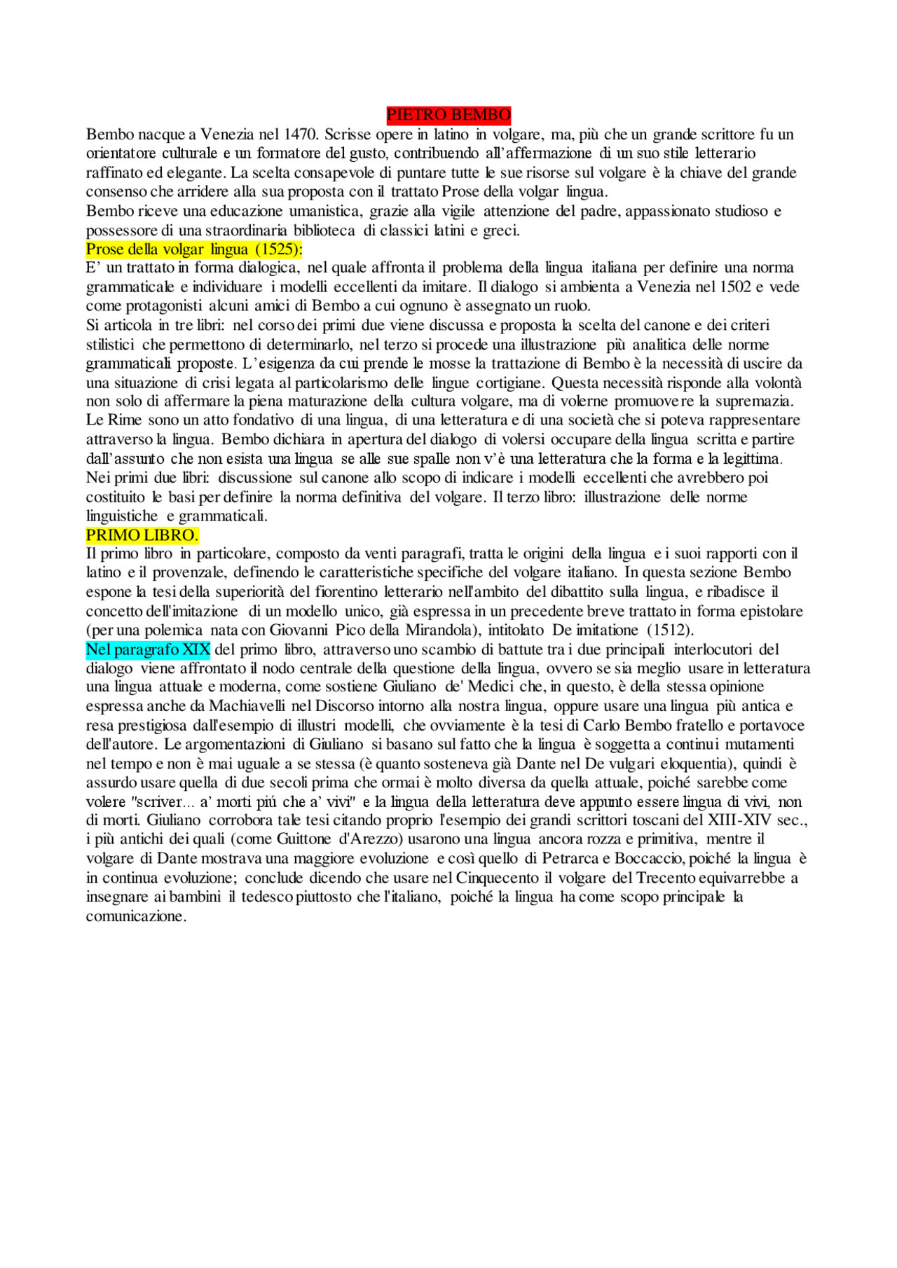 Pietro Bembo Riassunto Docsity