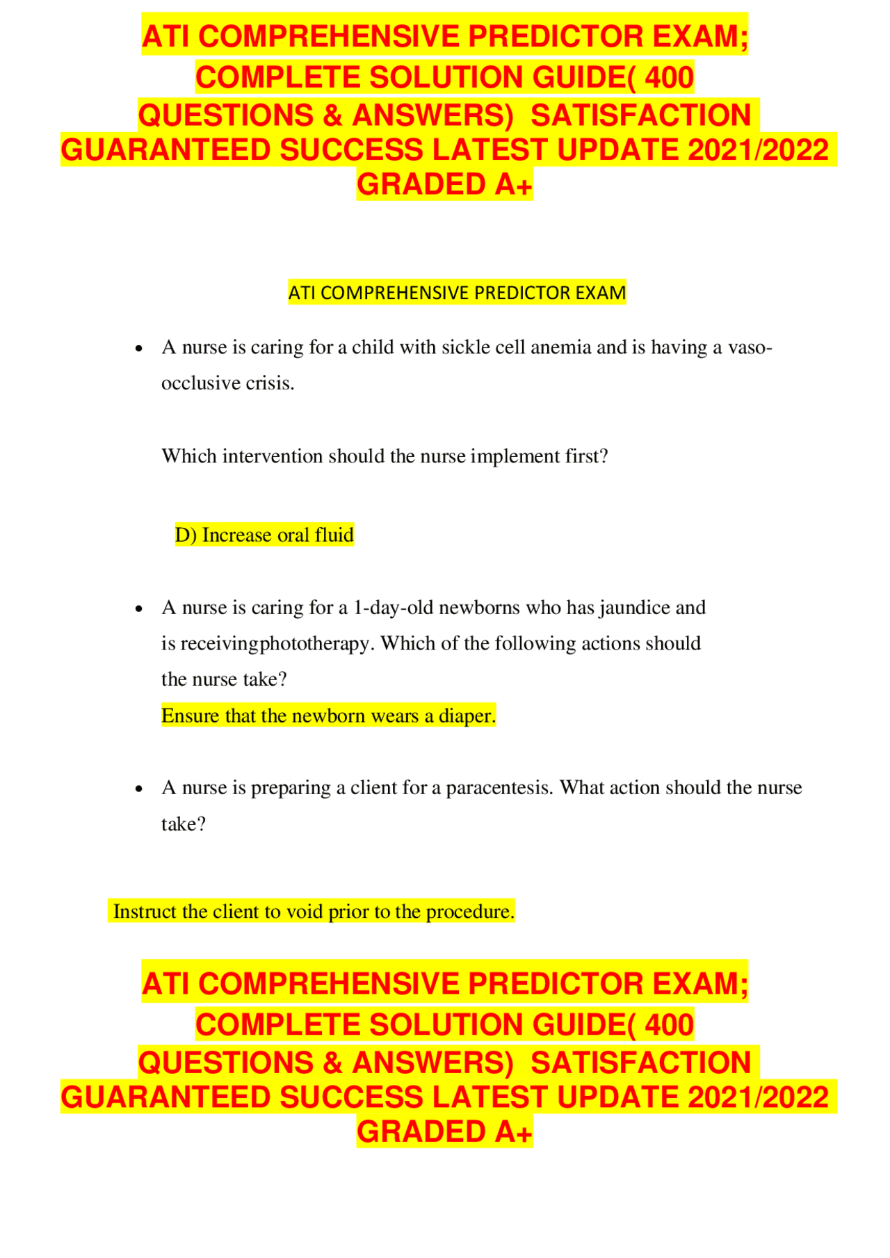 ATI COMPREHENSIVE PREDICTOR EXAM; COMPLETE SOLUTION GUIDE( 400 Q & A ...
