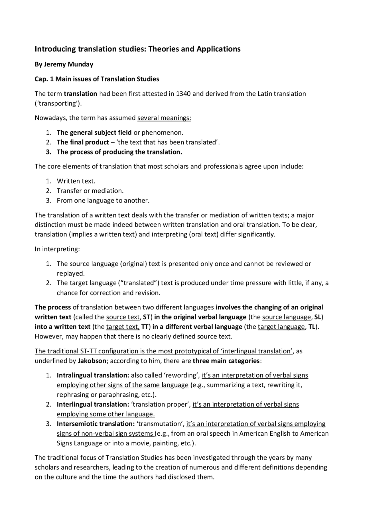 Introducing Translation Studies Chapter 1 - Docsity