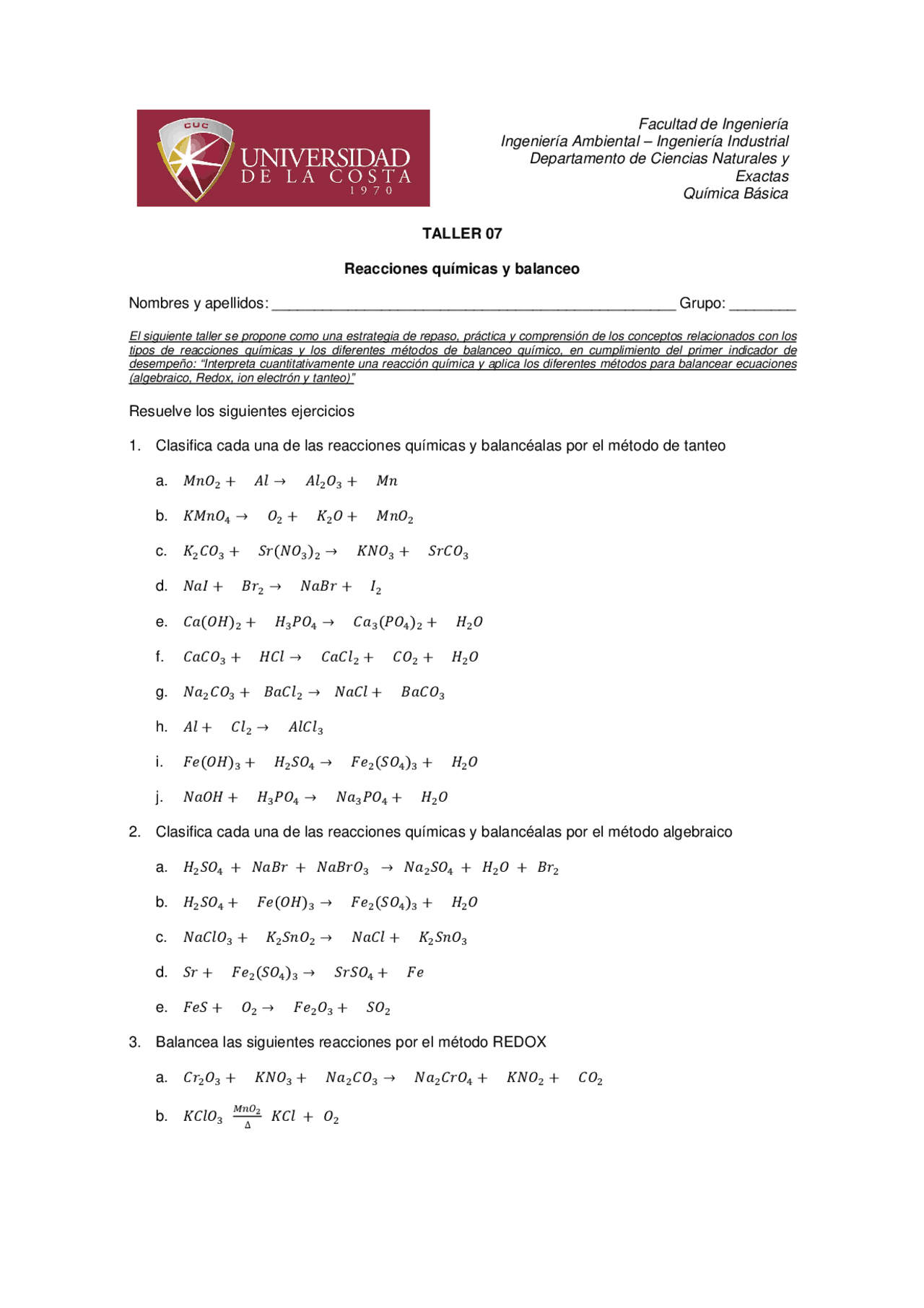 Taller química basado en cosas de química | Ejercicios de Química | Docsity