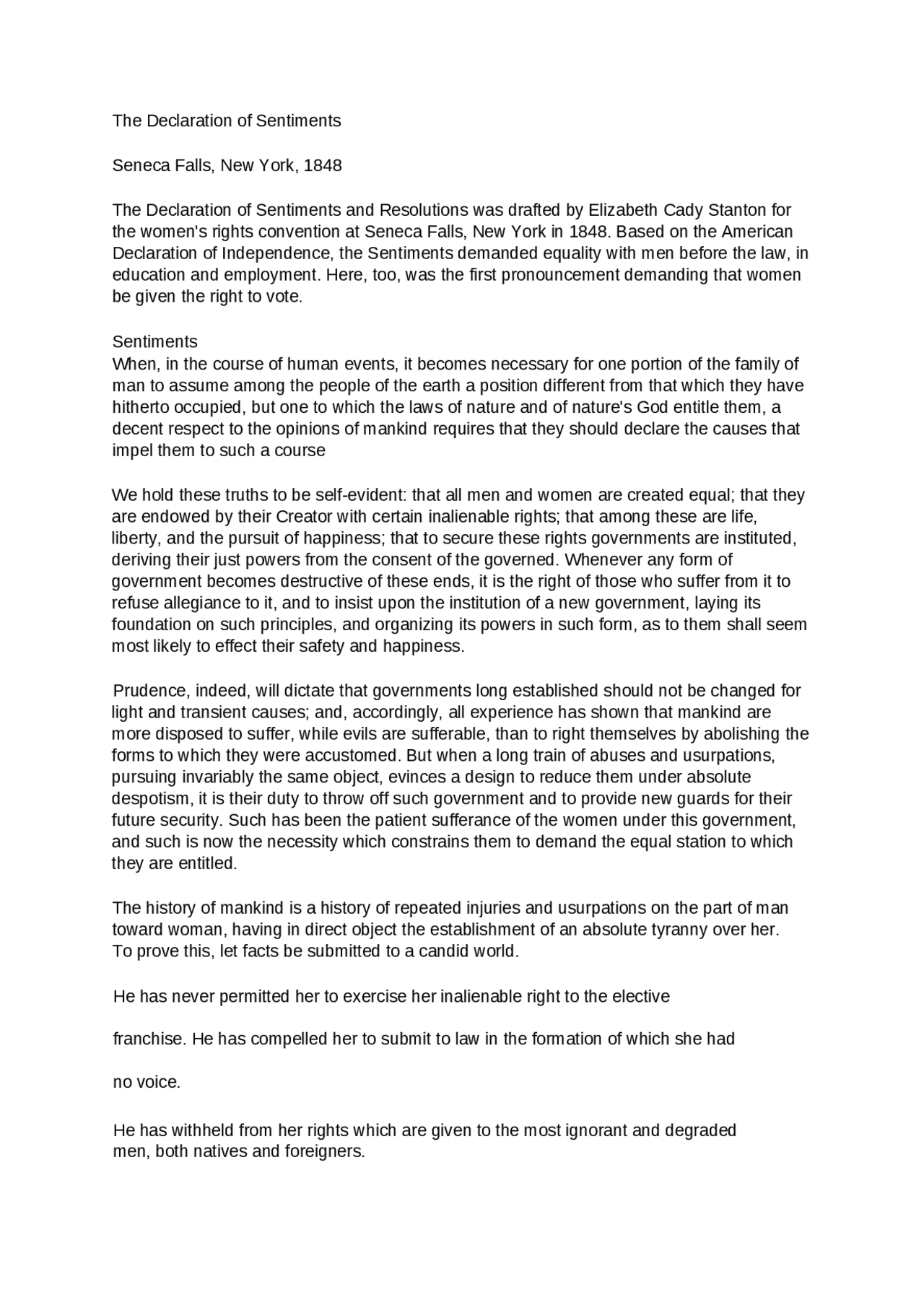 Declaration Of Sentiments Docsity