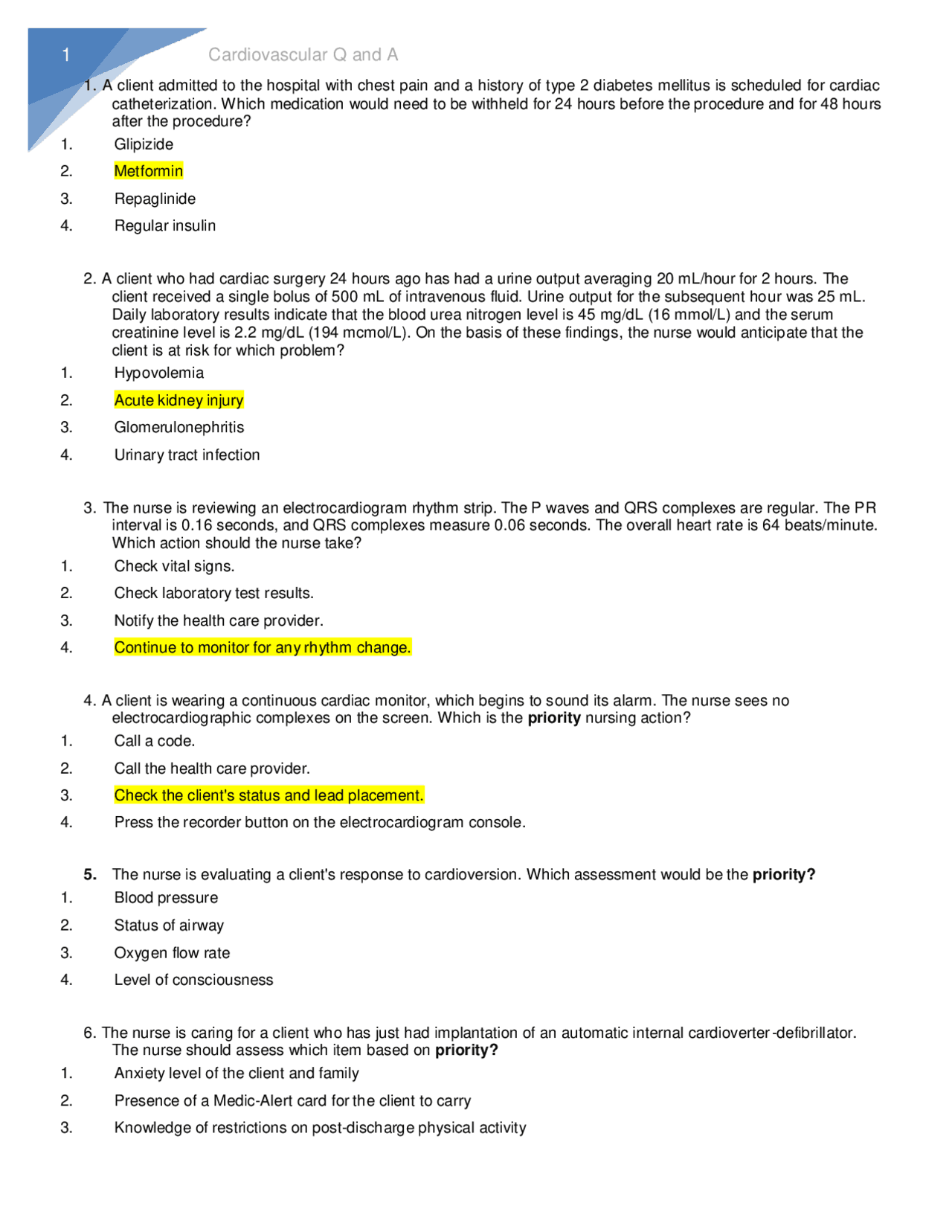 RNSG 1250 NCLEX Cardiovascular Questions and Answers Graded A Plus ...