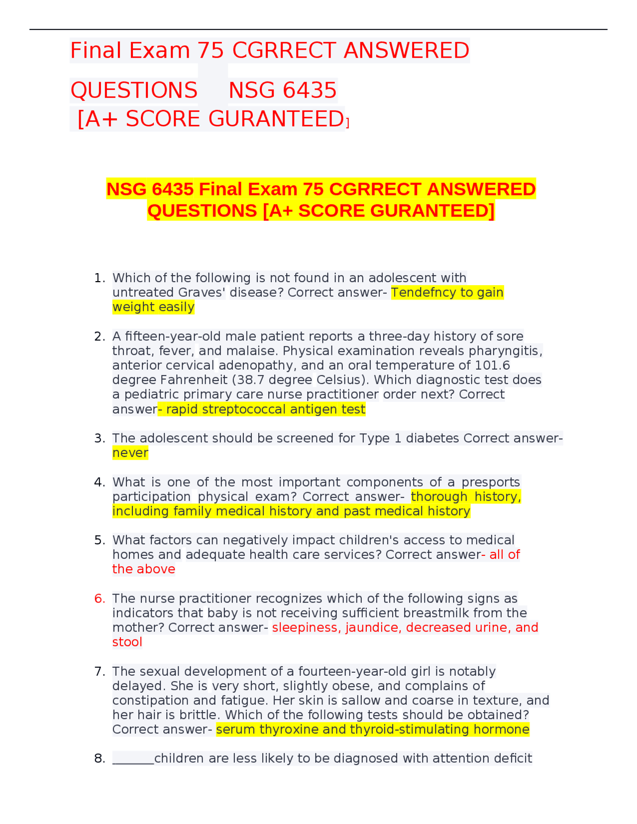Final Exam 75 CGRRECT ANSWERED QUESTIONS NSG 6435 [A+ SCORE GURANTEED ...