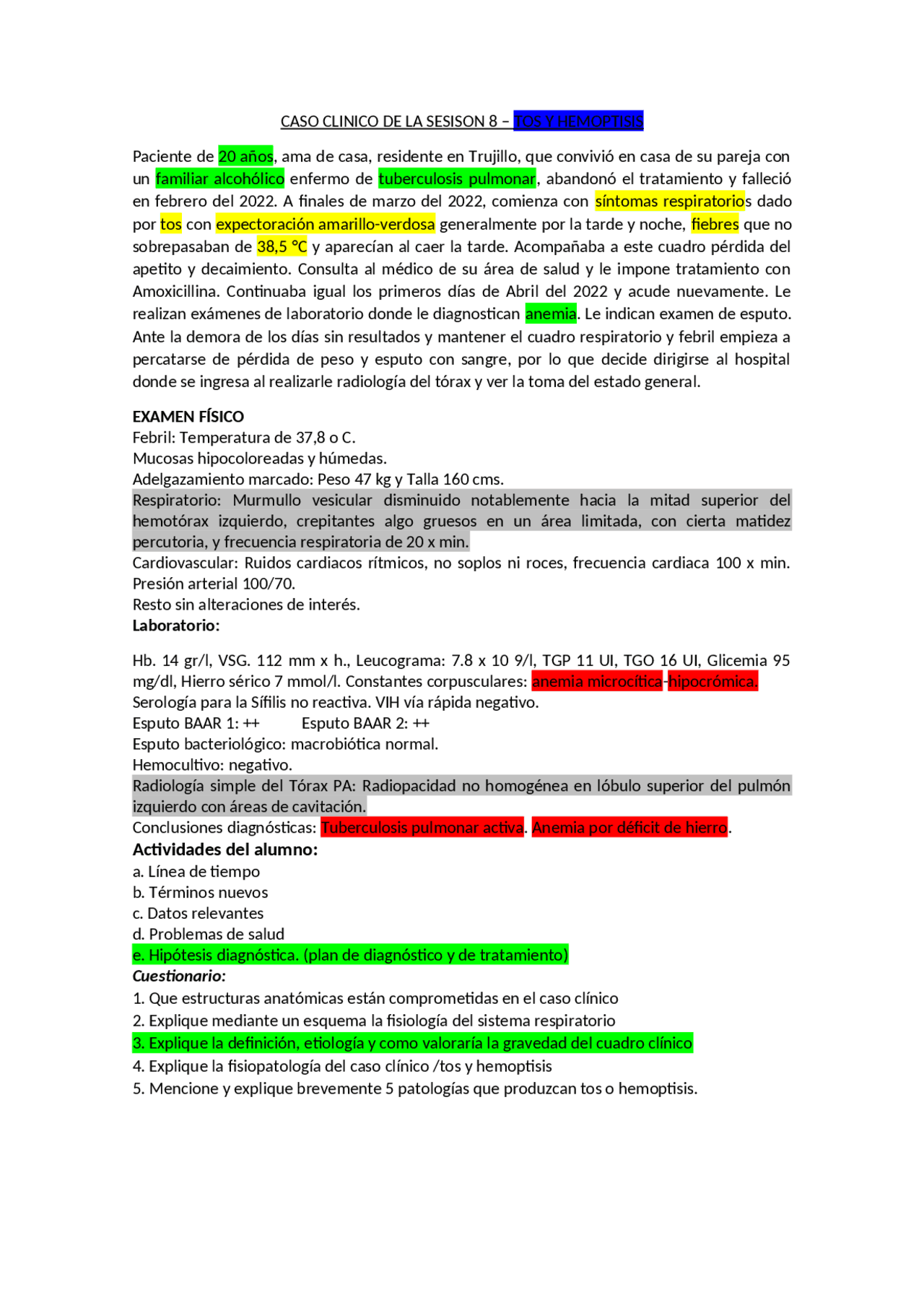 Caso Clínico De Tos Y Hemoptisis Docsity