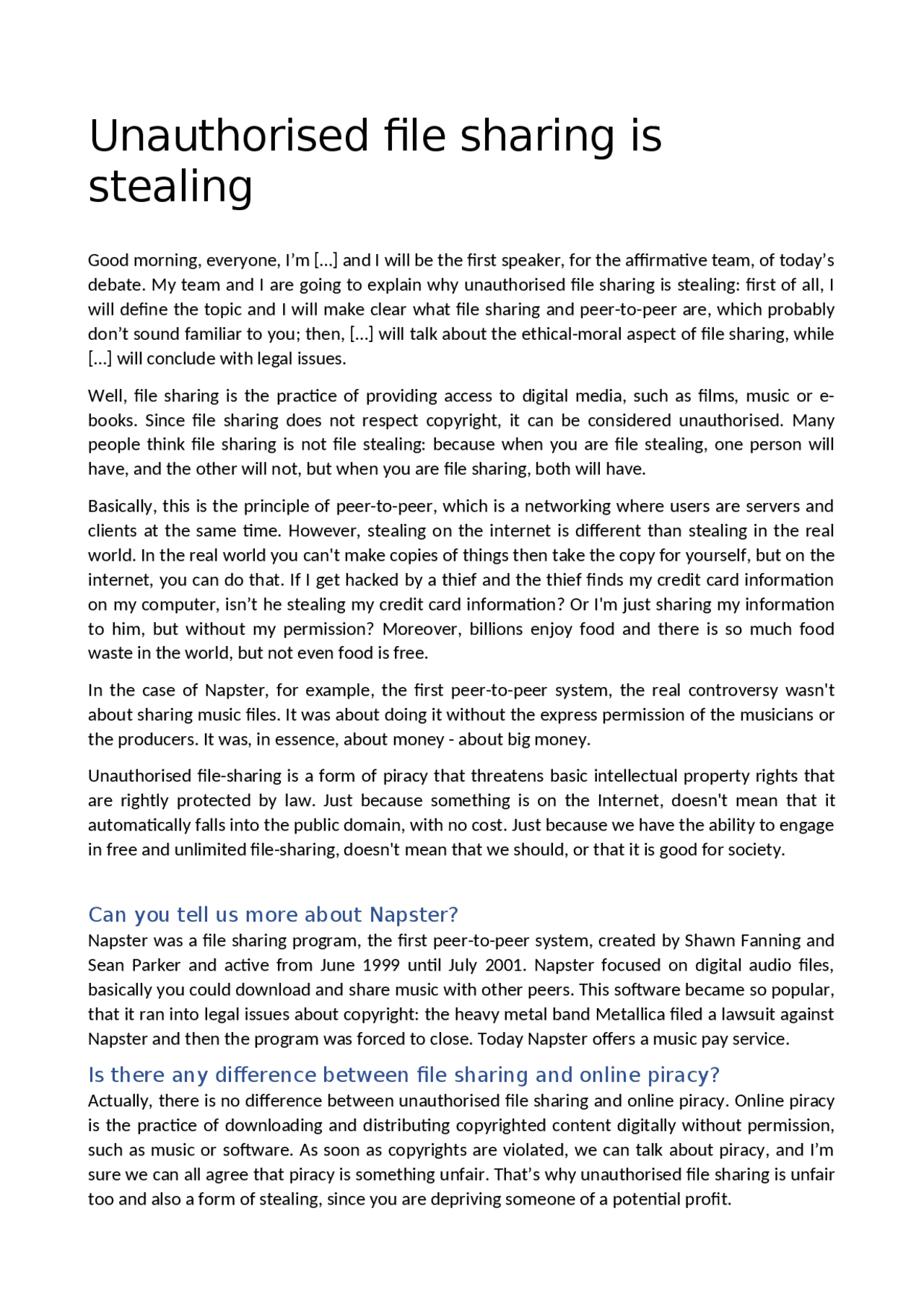 Unauthorised File Sharing Is Stealing Debate Docsity