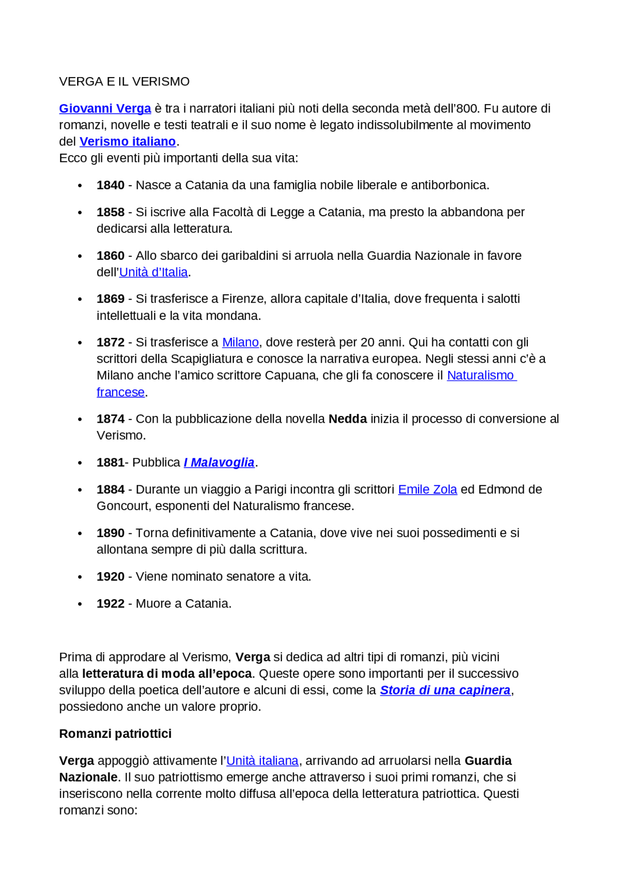 Appunti di letteratura italiana su verga e il verismo - Docsity