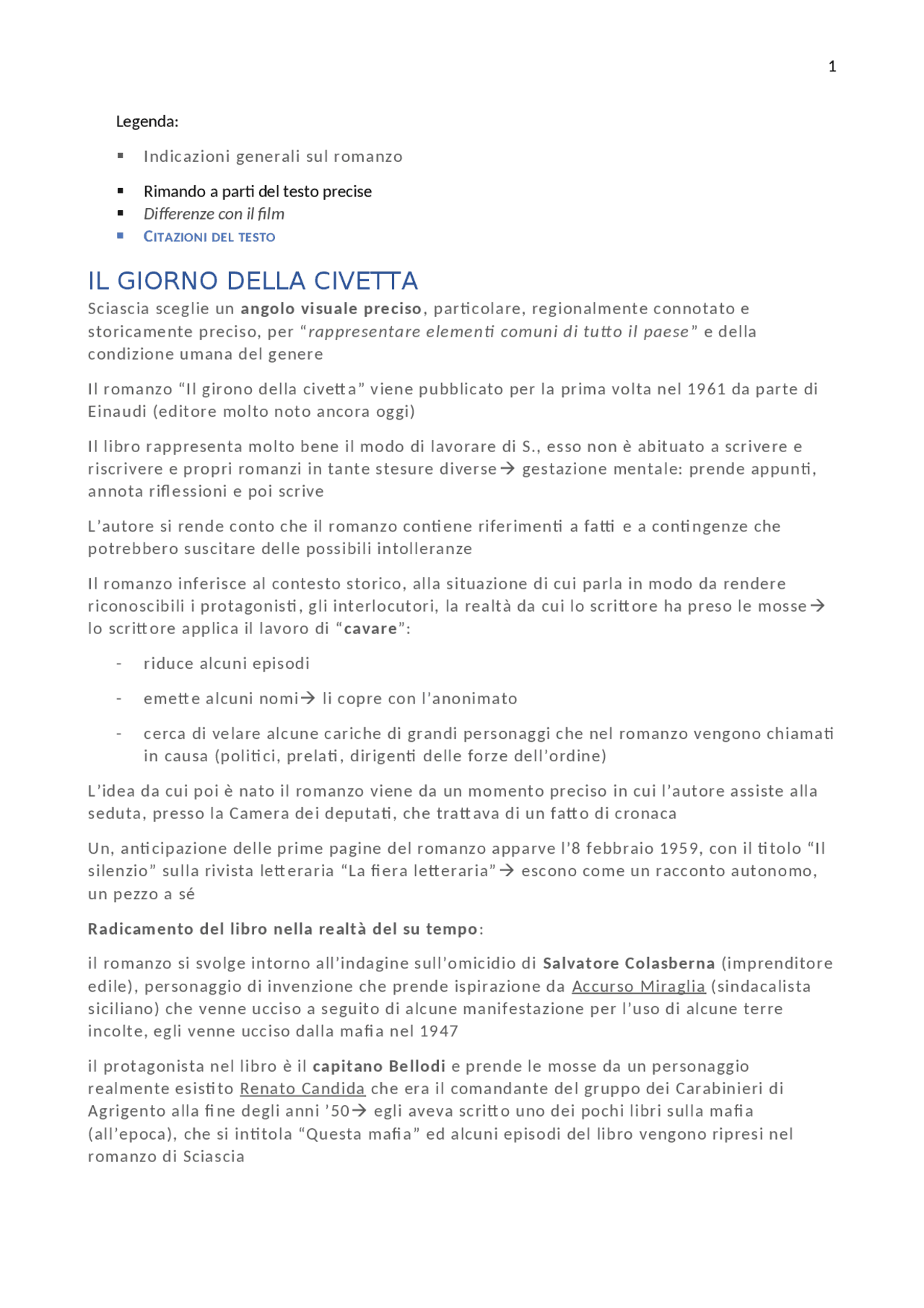 Appunti del libro Il giorno della civetta di Sciascia - Docsity