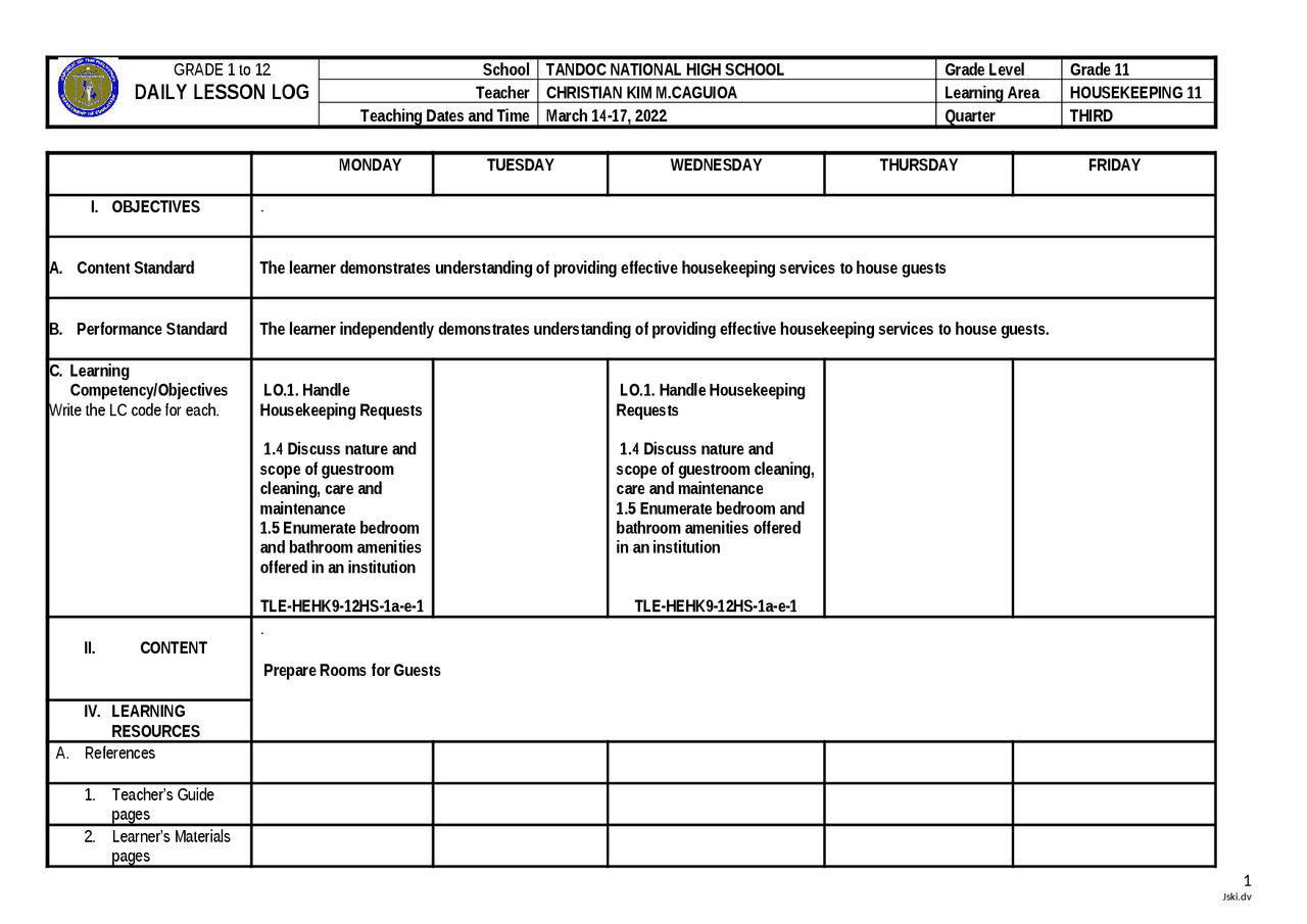 WEEKLY LEARNING PLAN IN HOUSEKEEPING | Summaries Mathematics | Docsity