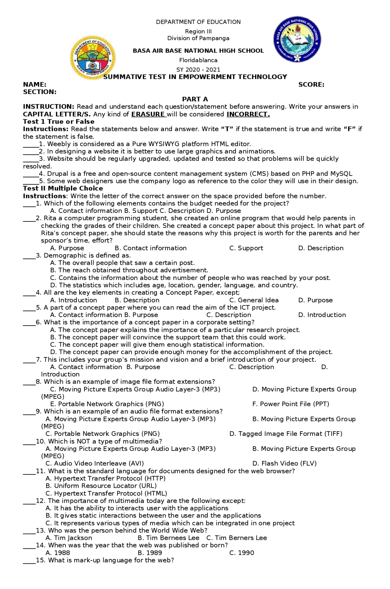 Summative Test in EmpoTech | Exams Technology | Docsity