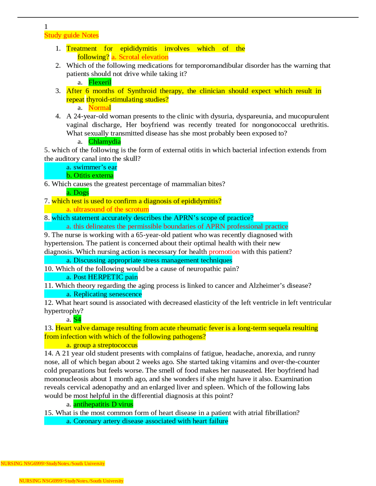 Nursing Study Guide Notes | Exams Nursing | Docsity