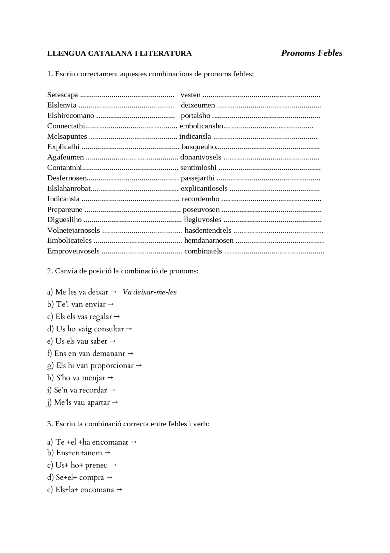 Ejercicios Pronombres Ejercicios De Catalán Docsity