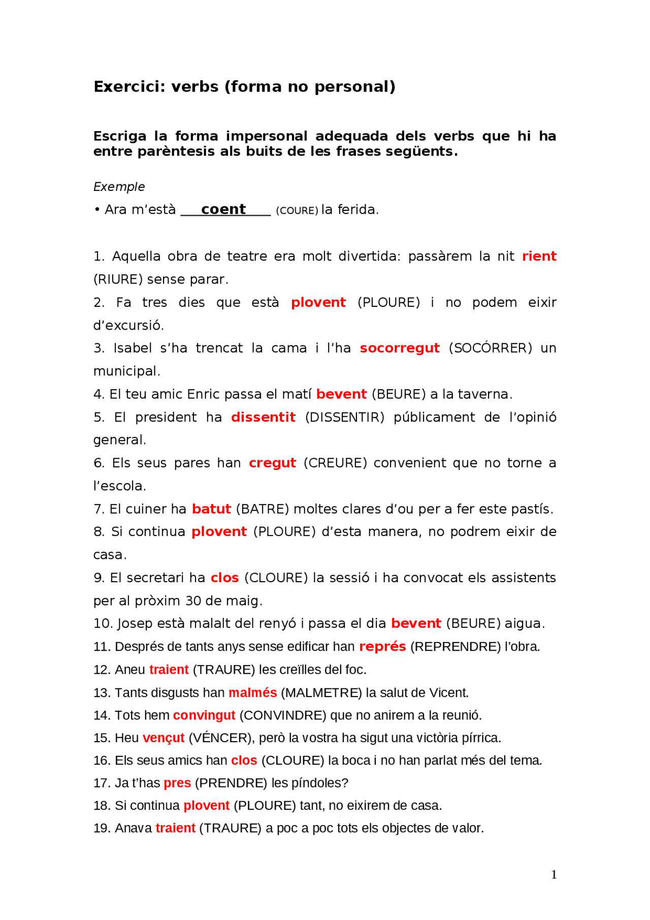 Exercicis de verbs amb solucions. | Ejercicios de Valenciano | Docsity